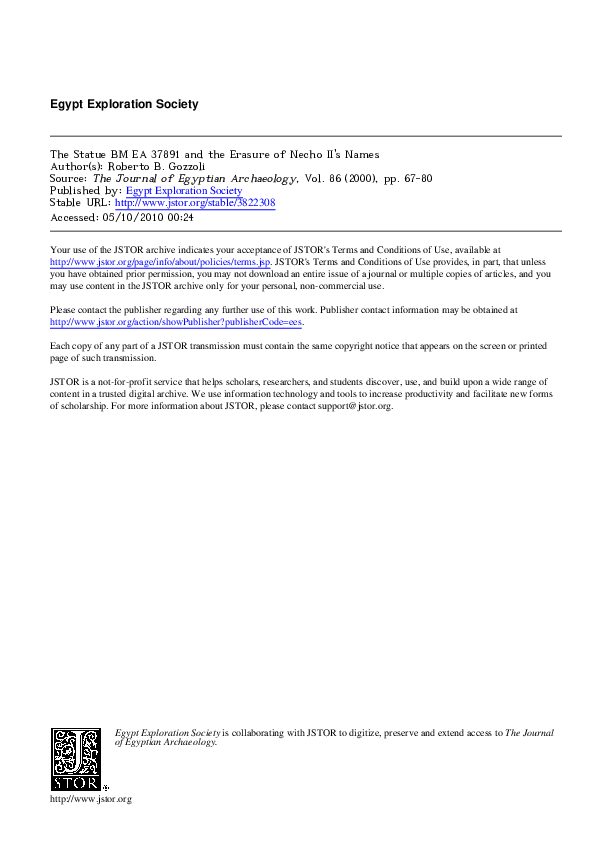 (PDF) The Statue BM EA 37891 and the Erasure of Necho II's Names