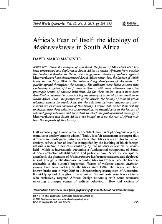 (PDF) Africa's fear of itself: The ideology of Makwerekwere in South Africa