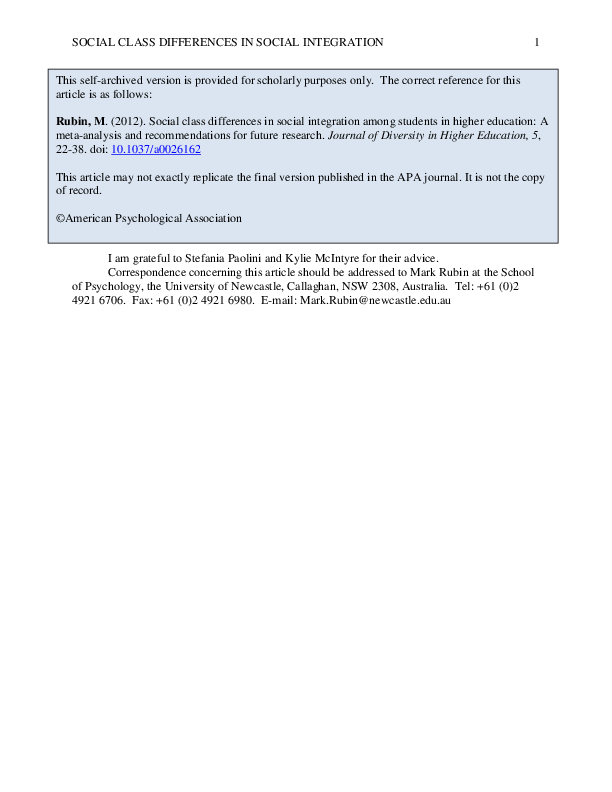 (PDF) Social class differences in social integration among students in ...