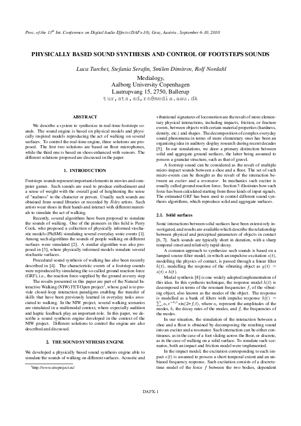 (PDF) Physically Based Sound Synthesis and Control of Footsteps Sounds