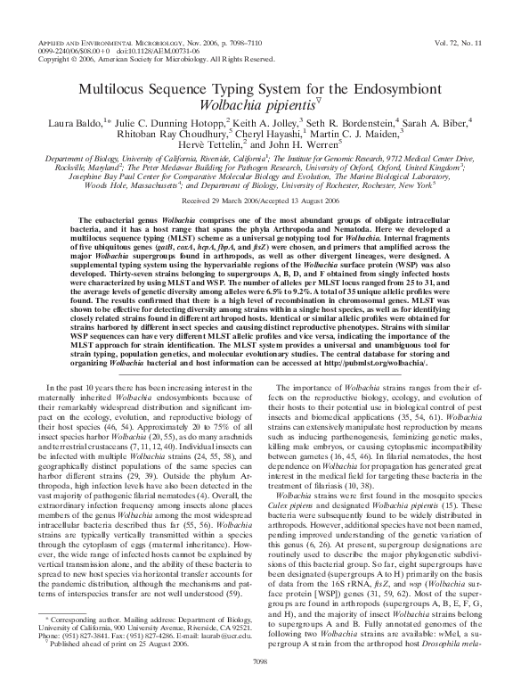 (PDF) Multilocus Sequence Typing System for the Endosymbiont Wolbachia pipientis