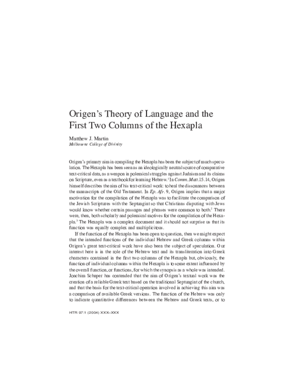 (PDF) Origen's Theory of Language and the First Two Columns of the Hexapla