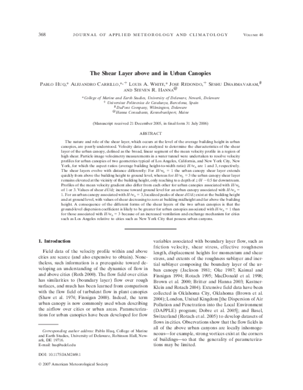 (PDF) The Shear Layer above and in Urban Canopies