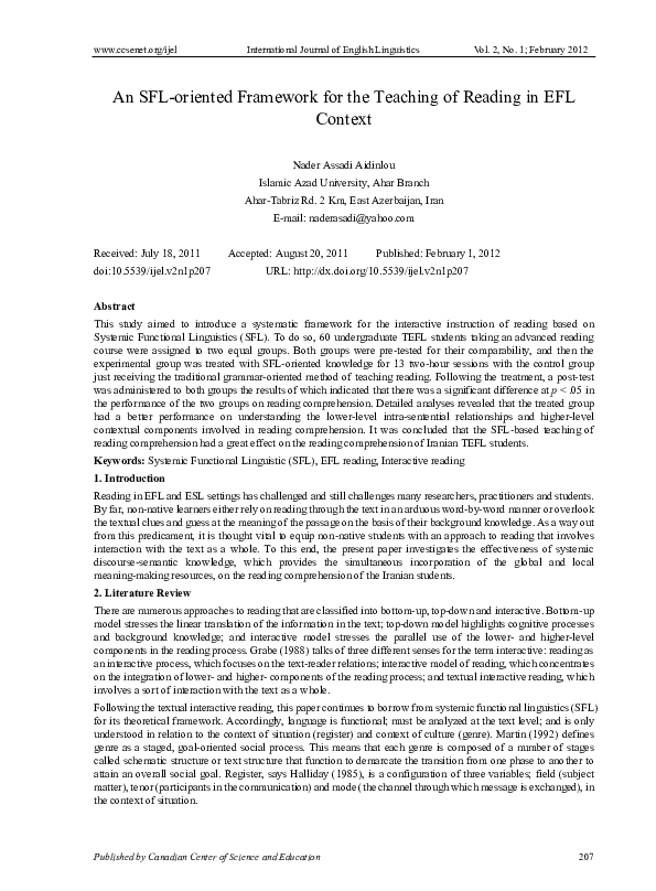 (PDF) An SFL-oriented Framework for the Teaching of Reading in EFL Context