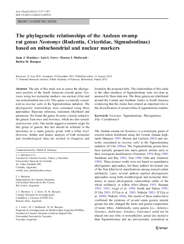 (PDF) The phylogenetic relationships of the Andean Swamp Rat genus ...