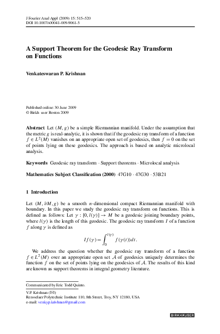 (PDF) A support theorem for the geodesic ray transform on functions
