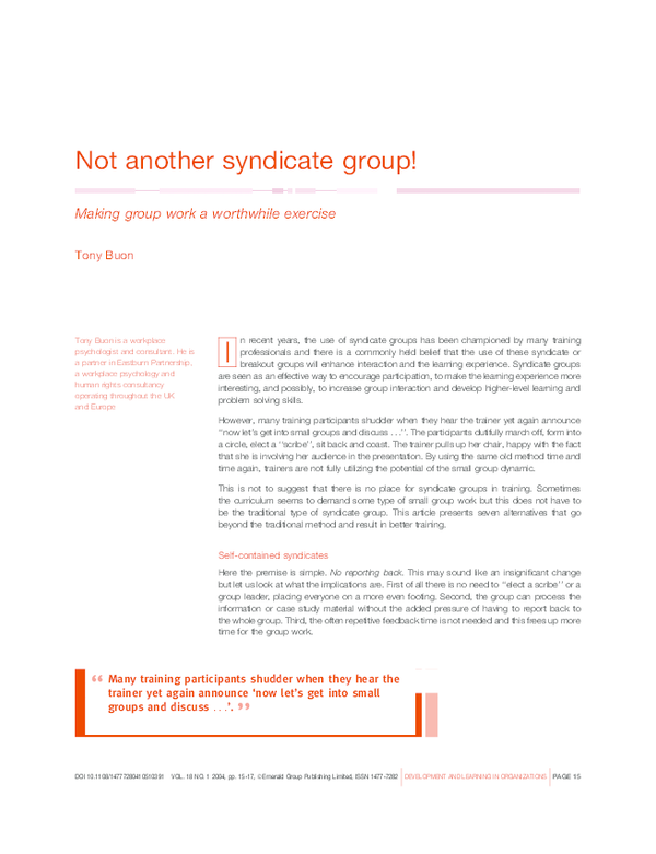 (PDF) Not another syndicate group!: Making group work a worthwhile exercise