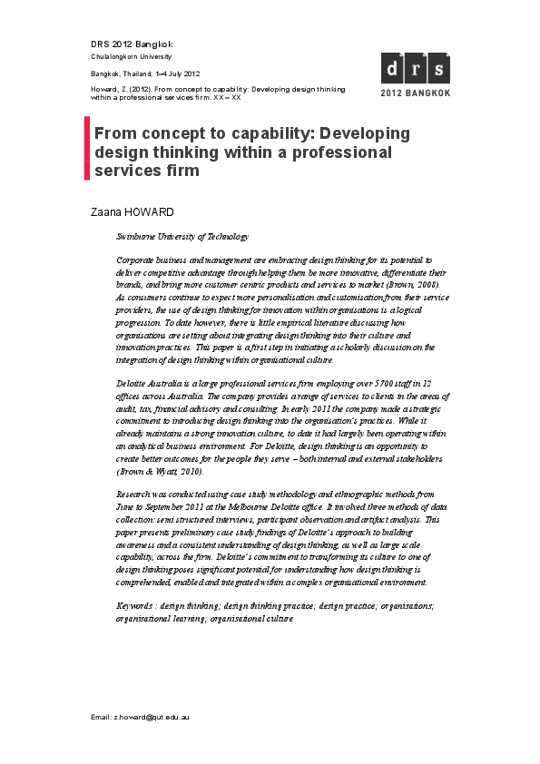 (PDF) From concept to capability: developing design thinking in a professional services firm