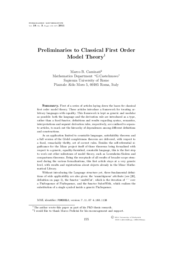 (PDF) Preliminaries to Classical First Order Model Theory