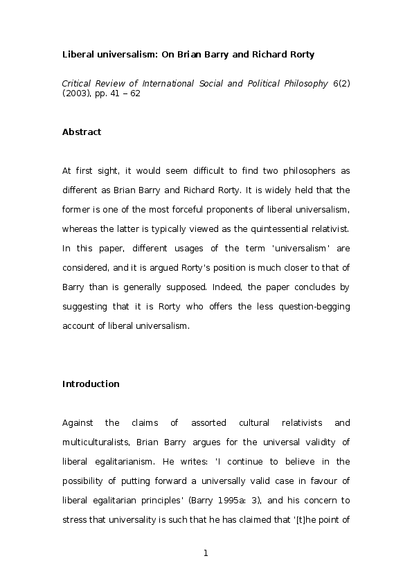 (DOC) Liberal universalism: on Brian Barry and Richard Rorty