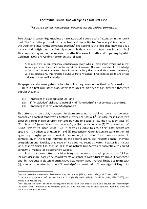 (PDF) "Contextualism vs. Knowledge as a Natural Kind"