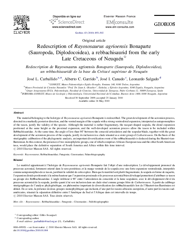 (PDF) Redescription of Rayososaurus agrioensis Bonaparte (Sauropoda ...