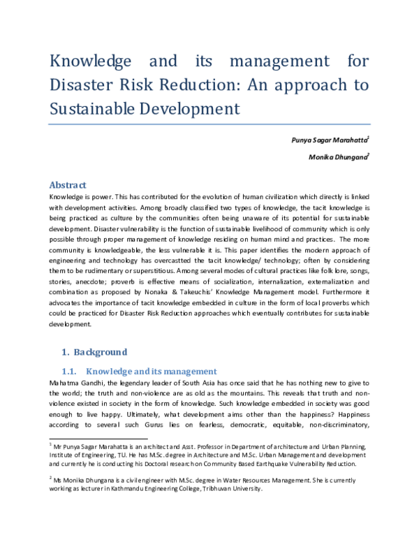 (PDF) Knowledge and its management for Disaster Risk Reduction: An ...