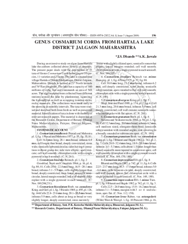 (PDF) Genus Cosmarium Corda from Hartala lake district Jalgaon, Maharashtra