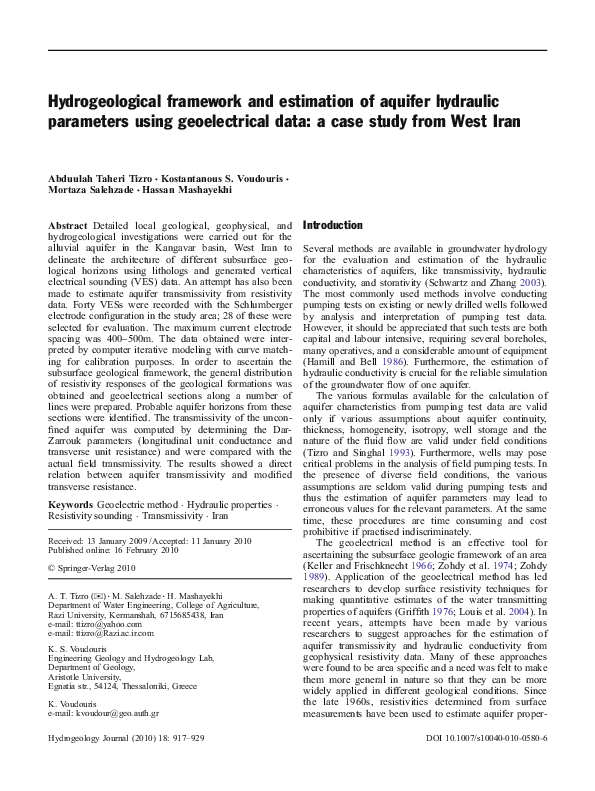 (PDF) Hydrogeological framework and estimation of aquifer hydraulic parameters using ...