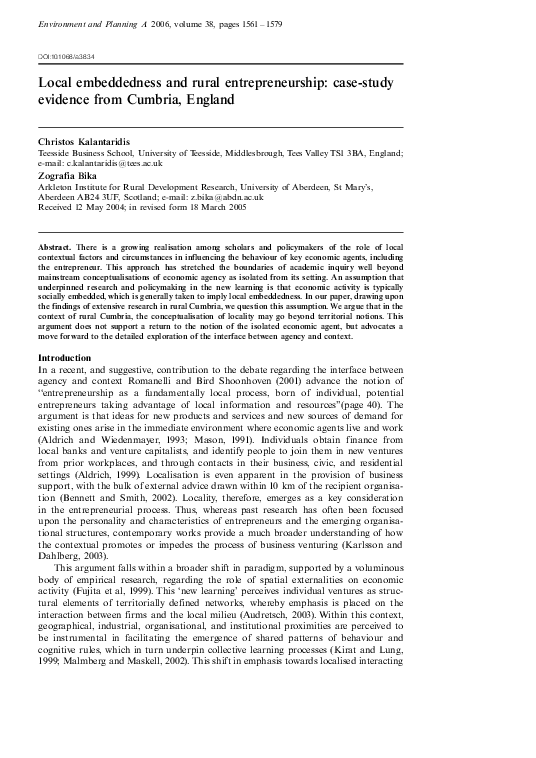 (PDF) Local Embeddedness and Rural Entrepreneurship: Case-Study ...