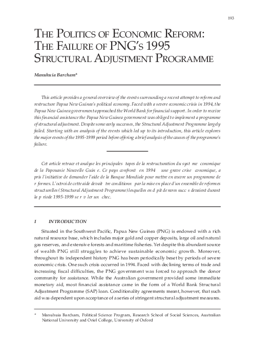 (PDF) The Politics OF Economic Reform: The Failure OF PNG'S 1995 ...
