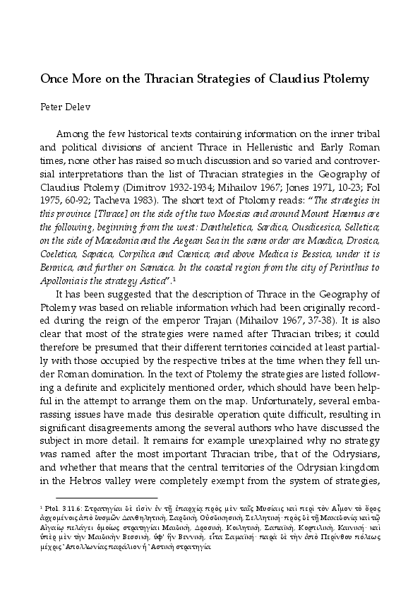 (PDF) Peter Delev. Once More on the Thracian Strategies of Claudius ...