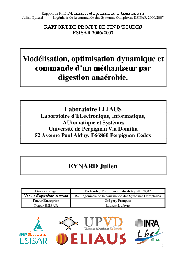 (PDF) Modélisation, optimisation dynamique et commande d’un méthaniseur par digestion anaérobie