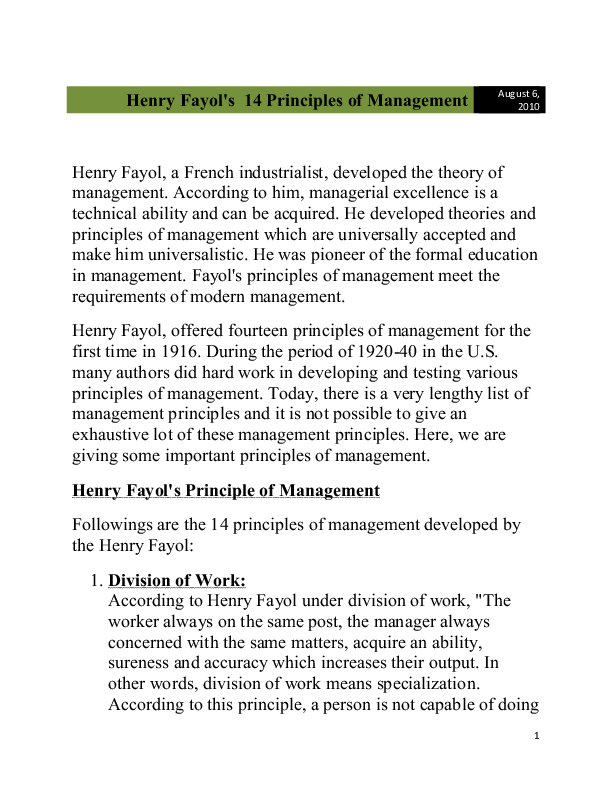 (DOC) Henry Fayol's 14 principles in Management.