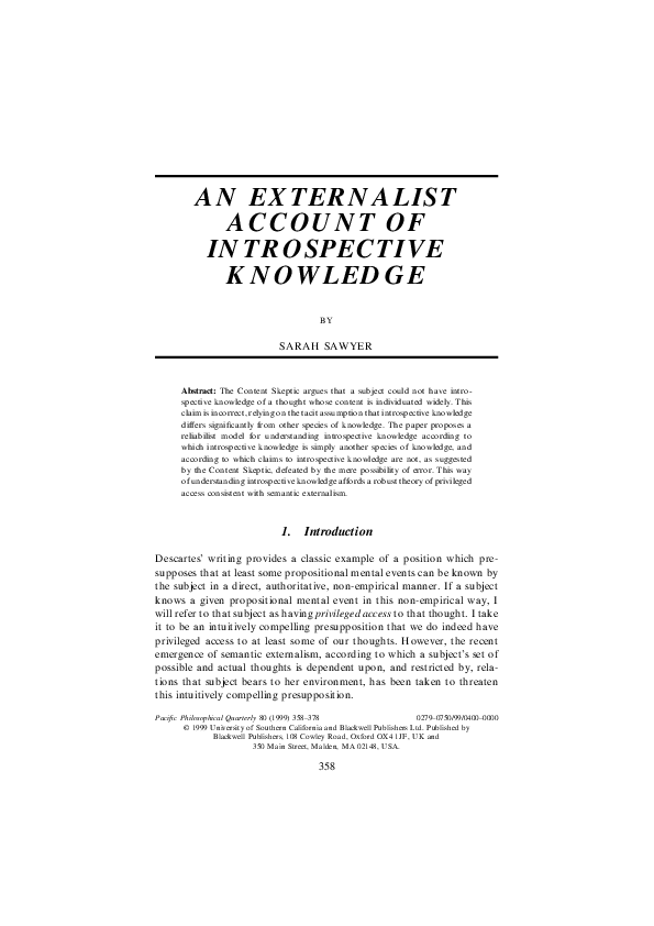 (PDF) An Externalist Account of Introspective Knowledge