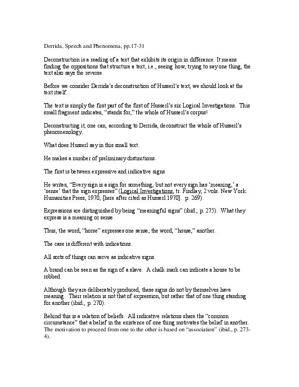 (DOC) Lectures on Derrida's Speech and Phenomena