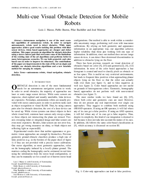 Pdf Multi Cue Visual Obstacle Detection For Mobile Robots