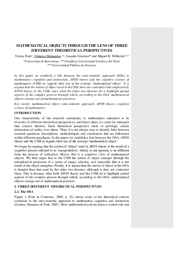 (PDF) MATHEMATICAL OBJECTS THROUGH THE LENS OF THREE DIFFERENT THEORETICAL PERSPECTIVES