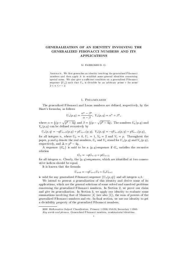 (PDF) Generalization of an identity involving the generalized Fibonacci numbers and its applications