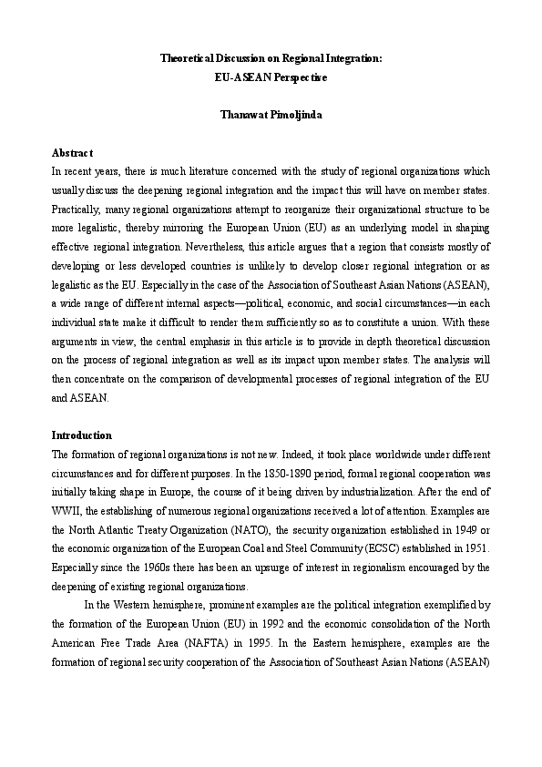 (PDF) Theoretical Discussion on Regional Integration: EU-ASEAN Perspective