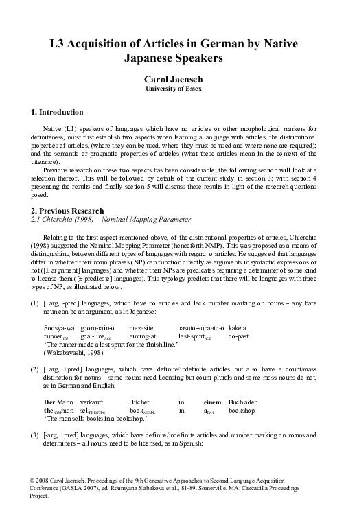 L3 Acquisition of articles in German by native Japanese speakers