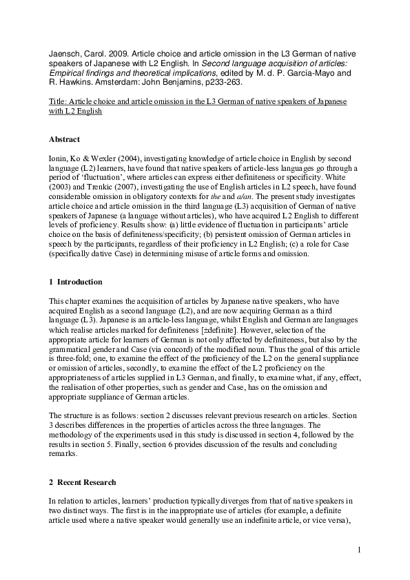(PDF) Article choice and article omission in the L3 German of native ...