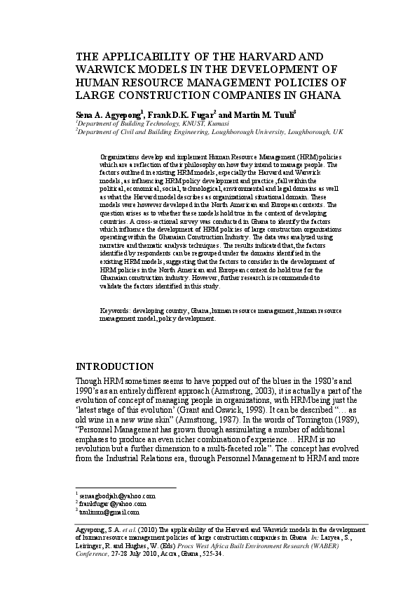 (PDF) The applicability of the Harvard and Warwick models in the ...