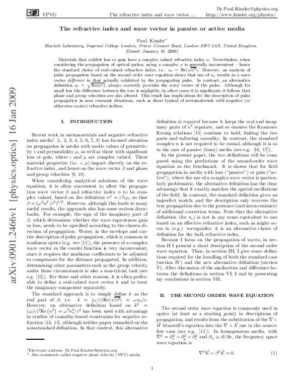 (PDF) Refractive Index and Wave Vector In Passive or Active Media