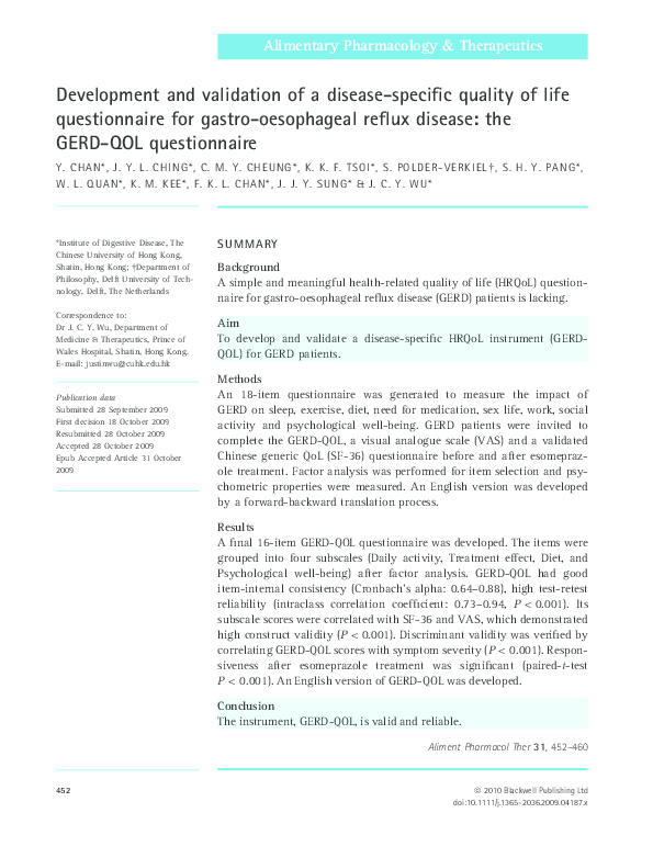 (PDF) Development and validation of a disease-specific quality of life questionnaire for gastro ...