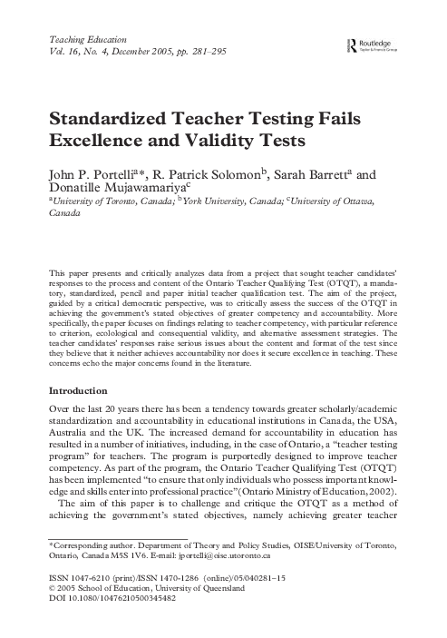 (PDF) Standardized Teacher Testing Fails Excellence and Validity Tests