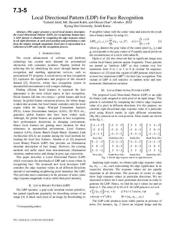 (PDF) Local Directional Pattern (LDP) for Face Recognition