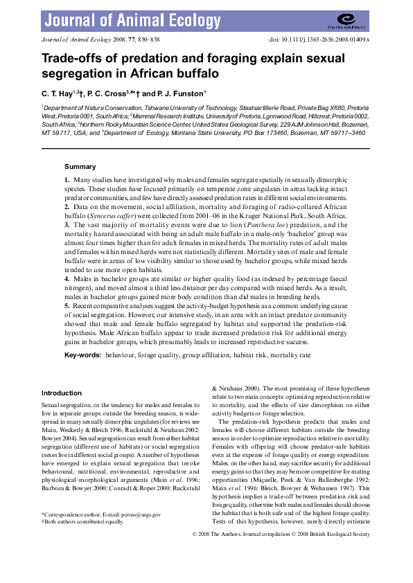 (PDF) Trade‐offs of predation and foraging explain sexual segregation ...