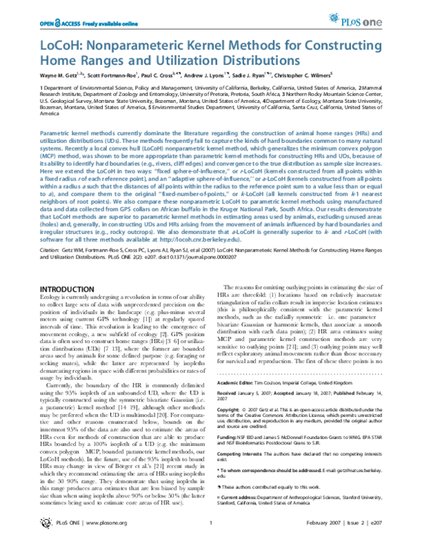 (PDF) LoCoH: nonparameteric kernel methods for constructing home ranges and utilization ...
