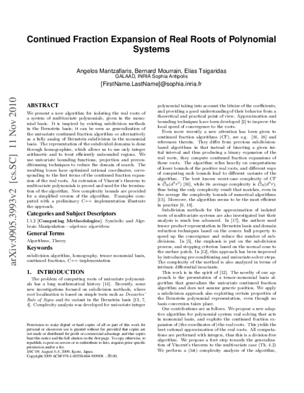 (PDF) Continued Fraction Expansion of Real Roots of Polynomial Systems