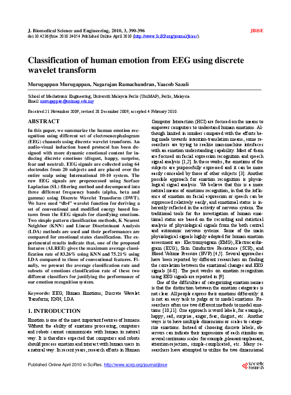 (PDF) Classification of Human Emotion From EEG Using Discrete Wavelet Transform