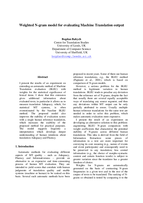 (PDF) Weighted N-Gram Model for Evaluating Machine Translation Output