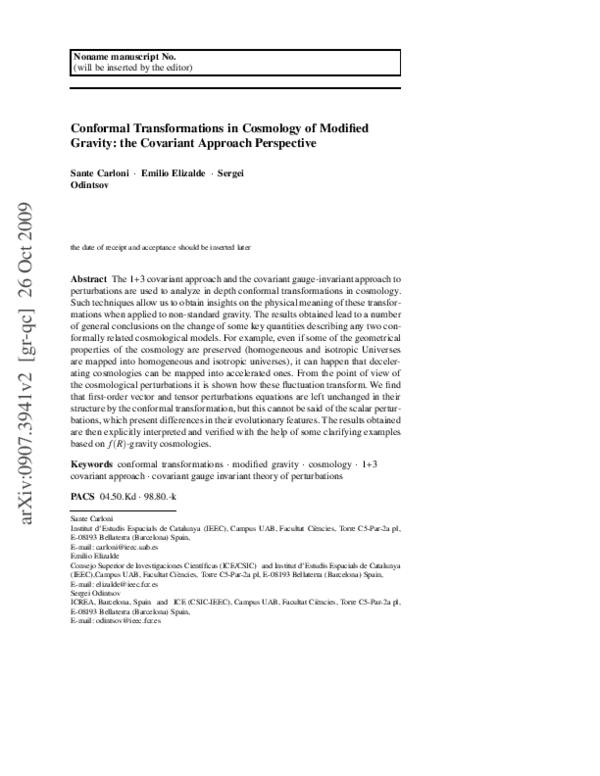 Pdf Conformal Transformations In Cosmology Of Modified Gravity The