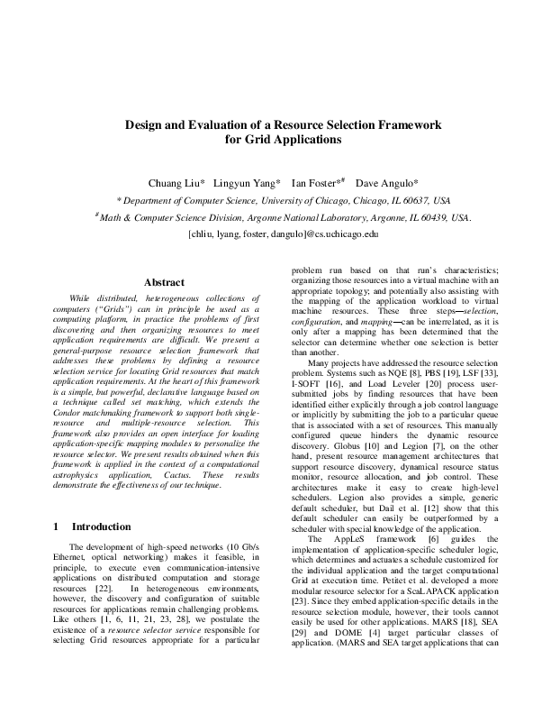 Pdf Design And Evaluation Of A Resource Selection Framework For Grid Applications