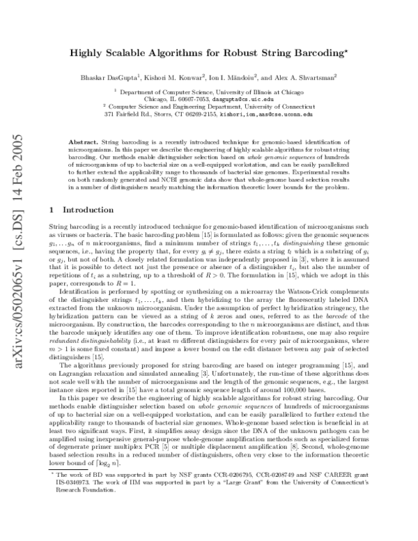 (PDF) Highly Scalable Algorithms for Robust String Barcoding