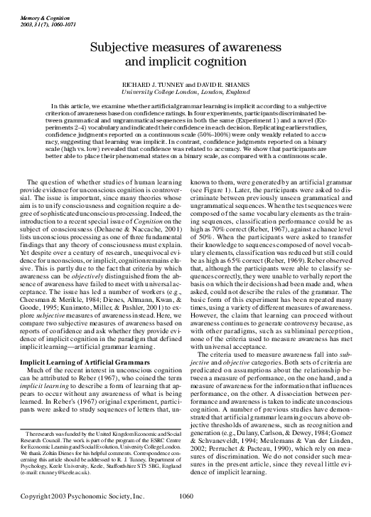 Pdf Subjective Measures Of Awareness And Implicit Cognition