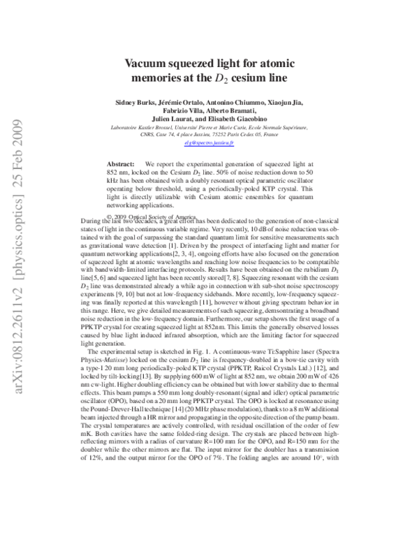 (PDF) Vacuum Squeezed Light for Atomic Memories at the D2 Cesium Line
