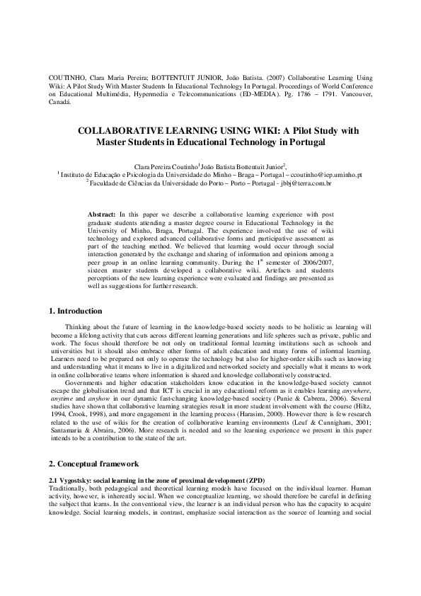 (PDF) Collaborative learning using wiki: a pilot study with master students in educational ...
