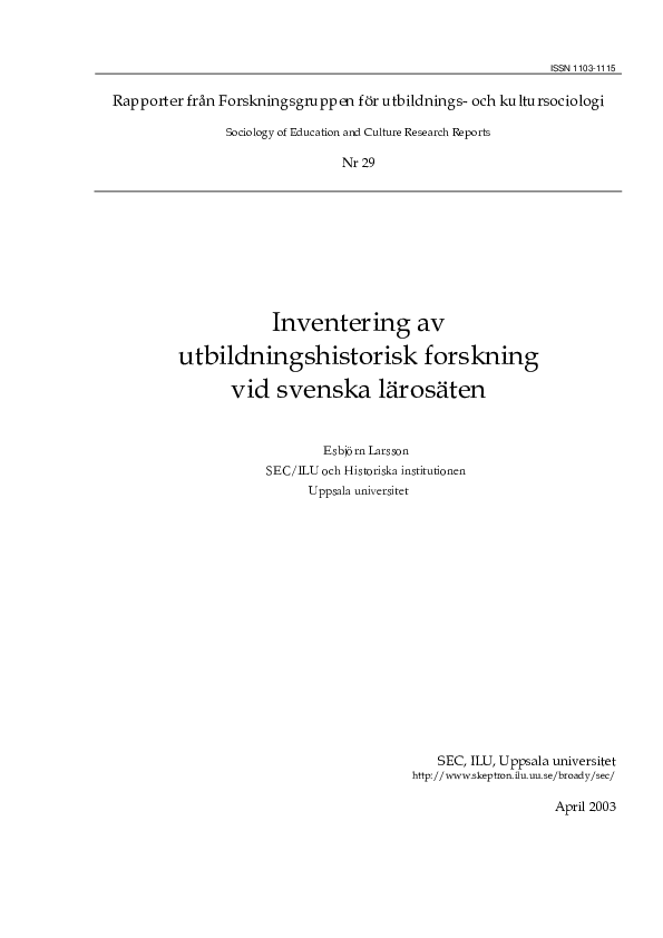 (PDF) Inventering av utbildningshistorisk forskning vid svenska lärosäten