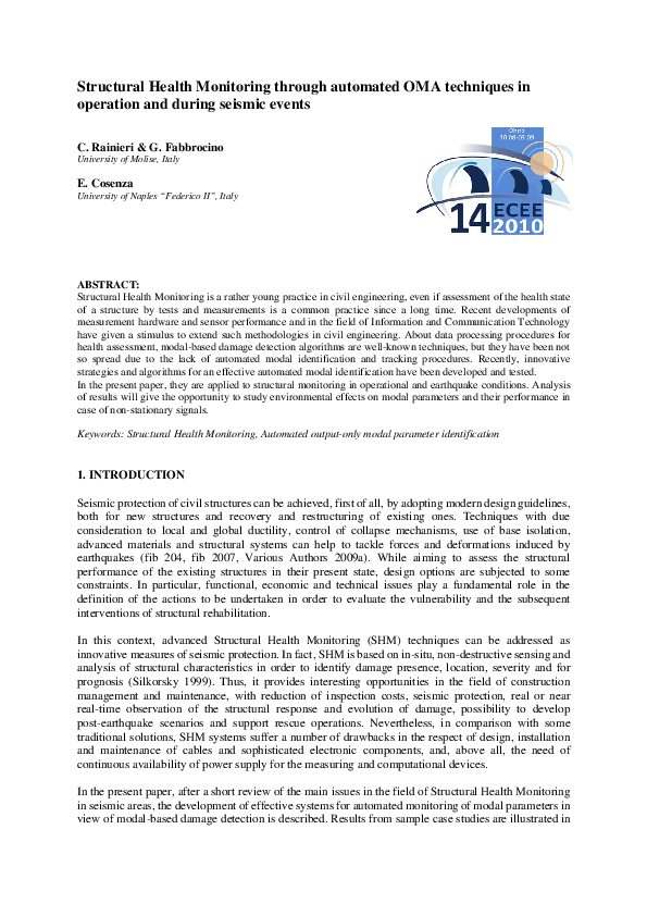 (PDF) Structural Health Monitoring through automated OMA techniques in operation and during ...